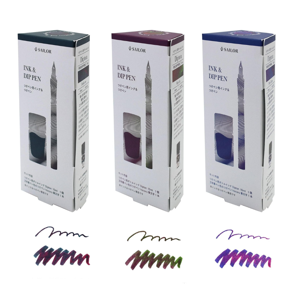 Sailor Dipton + Hocoro Dip Pen Ink Set – Blue Flame, Ripe Fig, Dark Cave